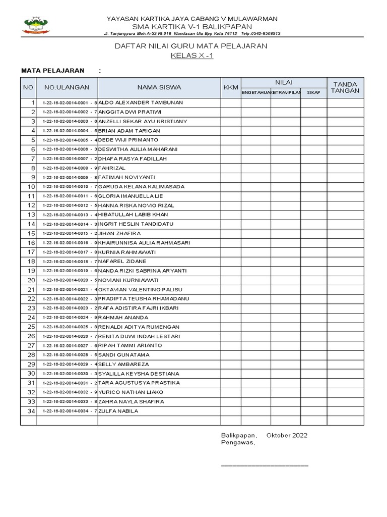 Blanko Daftar Nilai Mid Semester | PDF