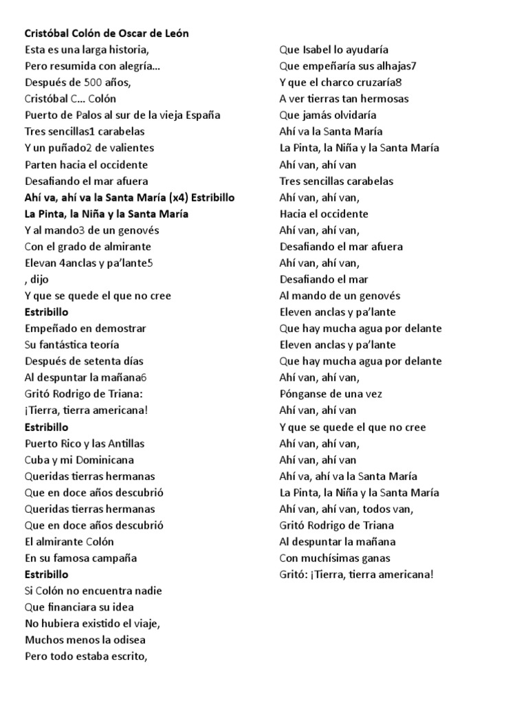 Canción sobre Cristóbal Colón | PDF | Edad del descubrimiento ...