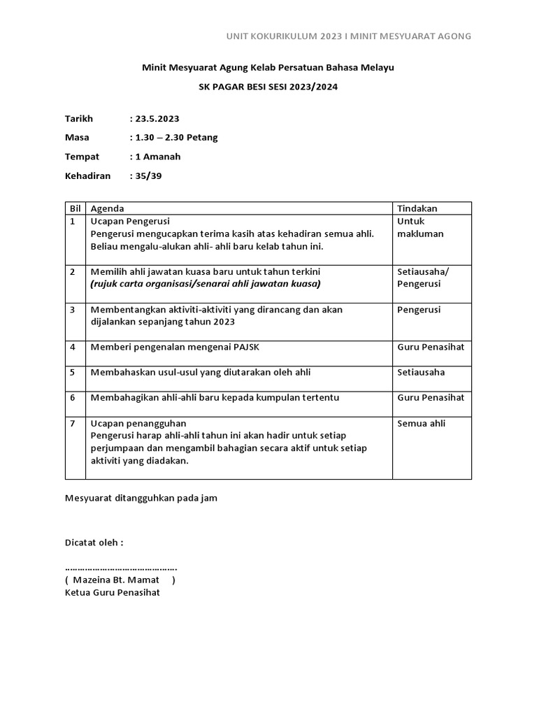 Minit Mesyuarat Agong Kelab Persatuan 2023-2024 | PDF