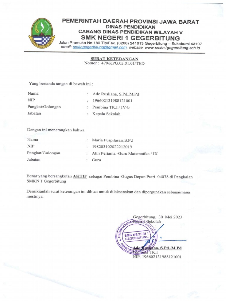 Surat Keterangan Pembina Gugus Depan Putri 04078 SMKN 1 Gegerbitung | PDF
