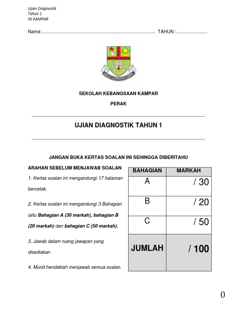 Ujian Diagnostik Tahun 1 SKK 2023 | PDF