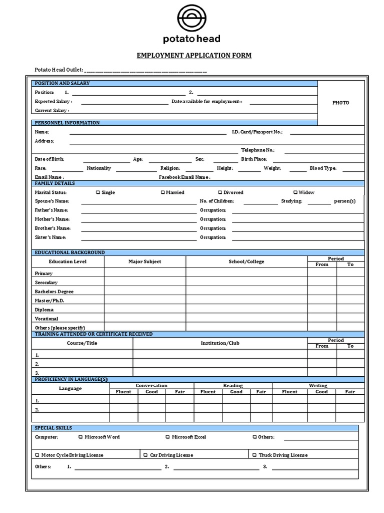PTT-FORMS-HR-15-Employment Application Form | PDF | Driver's License | Disability