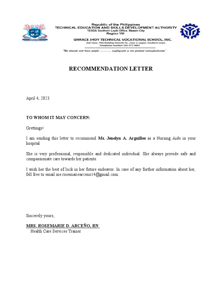 Recommendation Letter | PDF | Nursing | Health Care
