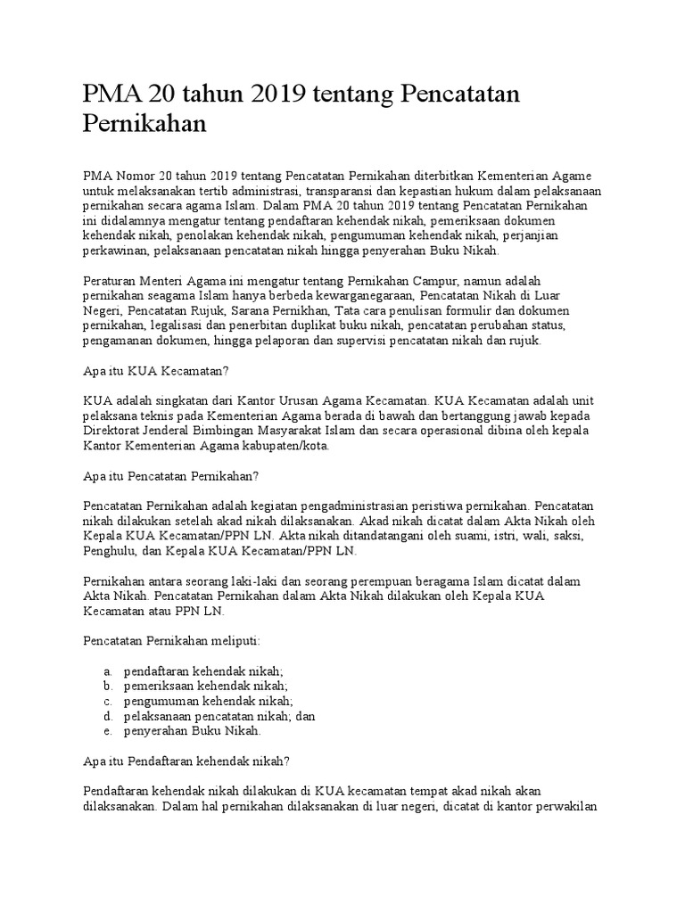 PMA 20 Tahun 2019 Tentang Pencatatan Pernikahan | PDF