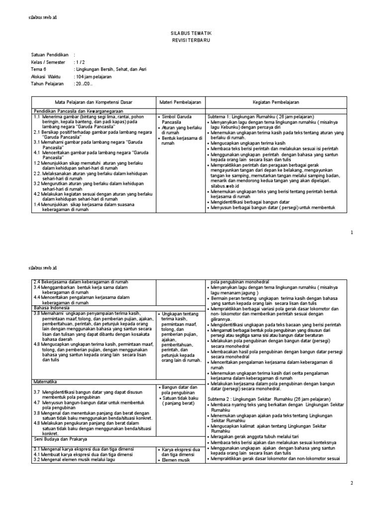 Silabus Kelas 1 Tema 6 | PDF