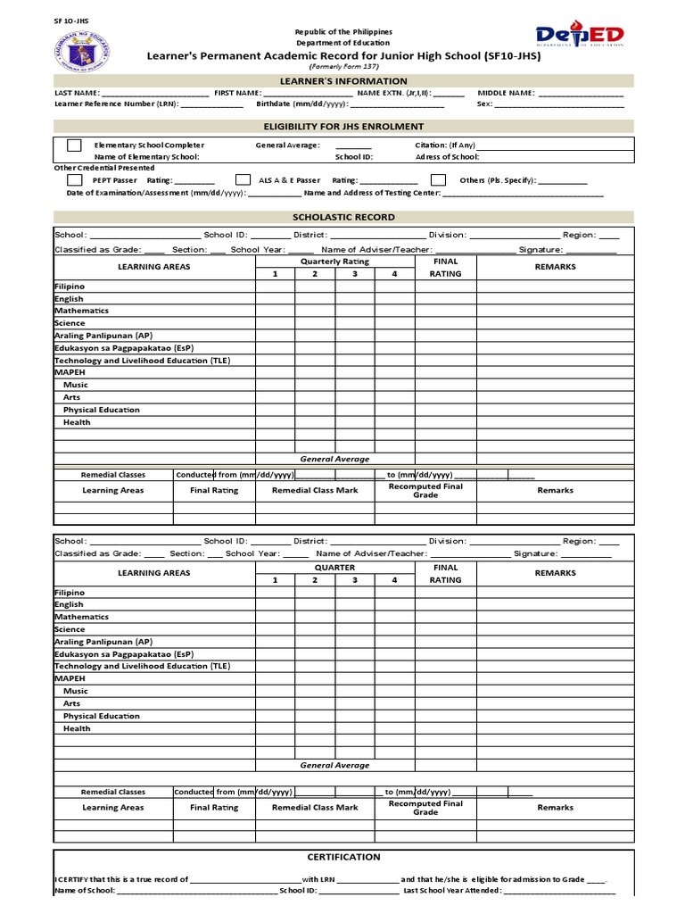 School Form 10 SF10 Learner's Permanent Academic Record For Junior High ...