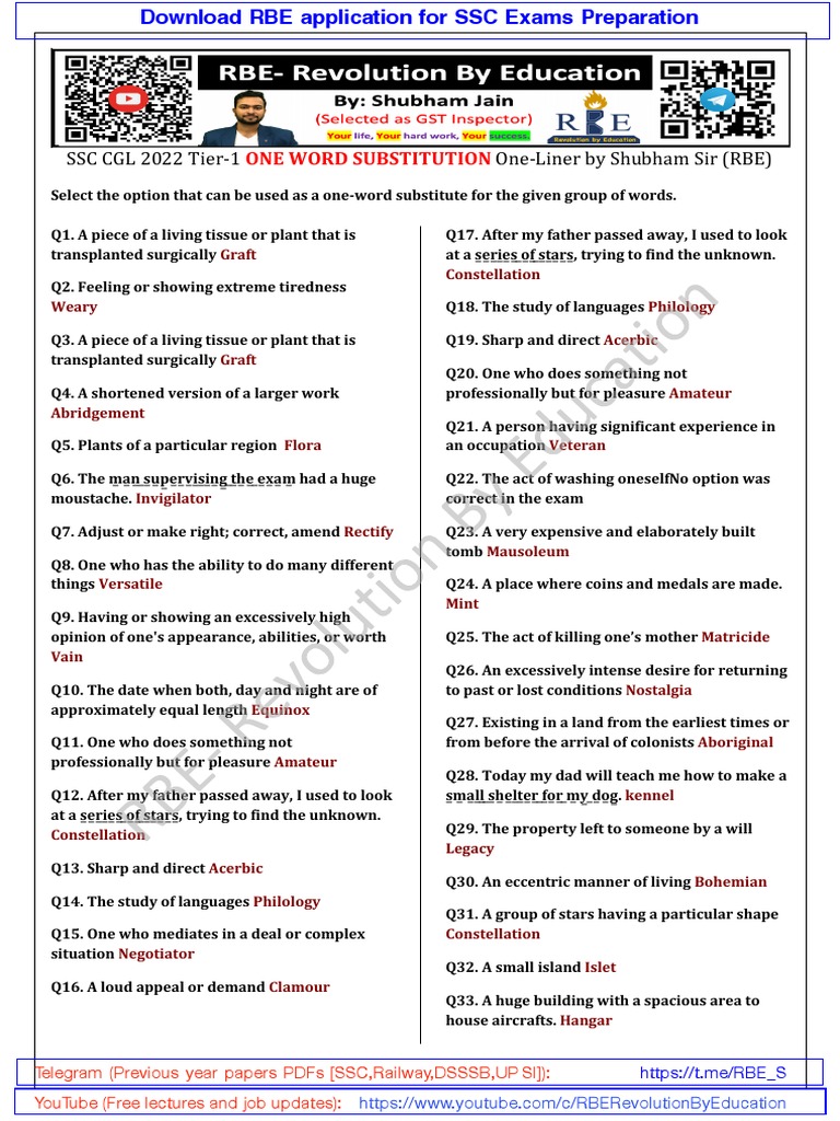 ONE WORD SUBSTITUTION (One Liner) SSC CGL 2022 T-1 - RBE | PDF