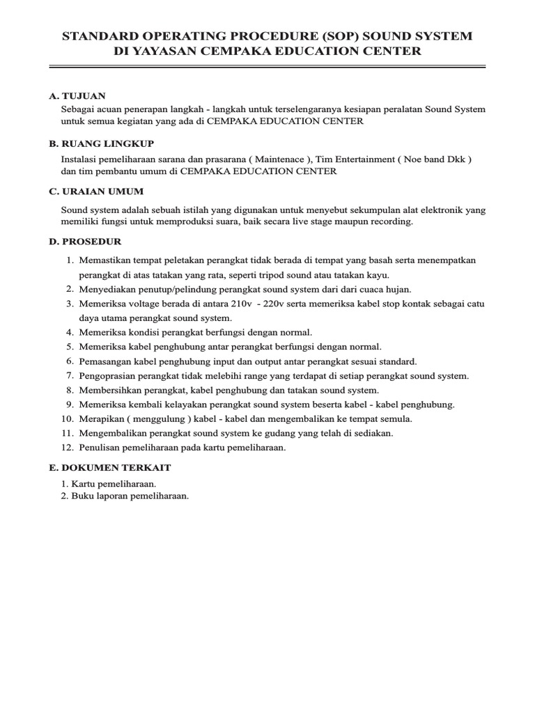 SOP Pemeliharaan Sound System CEMPAKA | PDF