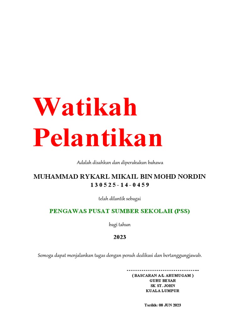 Template Sijil Watikah Pelantikan Pengawas | PDF