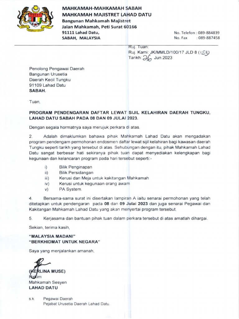 Surat Program Mobile Court Be Tungku-Julai 2023 | PDF