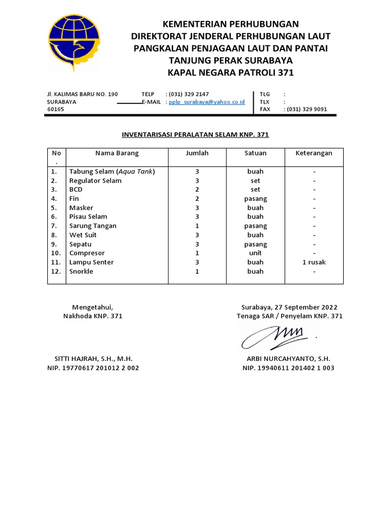 Data Alat Selam 371 | PDF