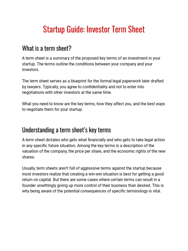 Startup Guide Investor Term Sheet 1682738553 | PDF | Stocks | Preferred ...