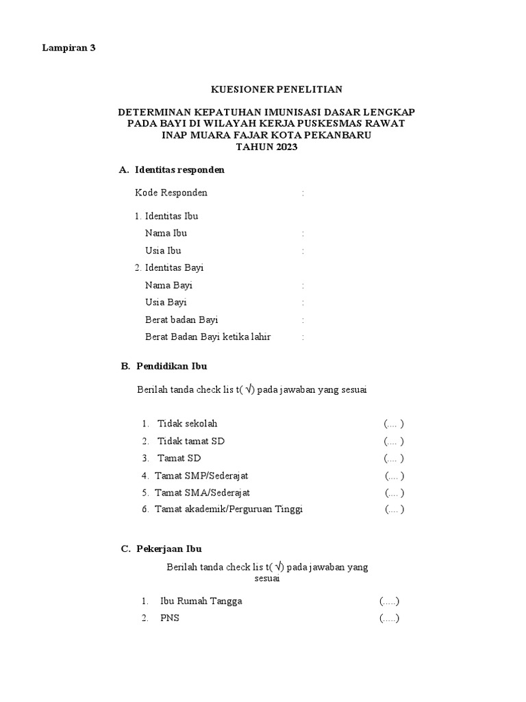 Kuesioner Penelitian Imunisasi Anggi Fix Sempro | PDF