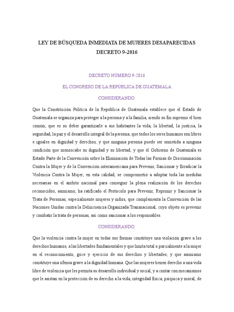 Ley de Búsqueda Inmediata de Mujeres Desaparecidas DECRETO 9-2016 | PDF | La violencia contra ...
