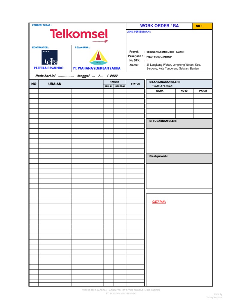 Contoh Format Workorder, Laporan Harian Project Office Telkomsel Bsd-Banten | PDF