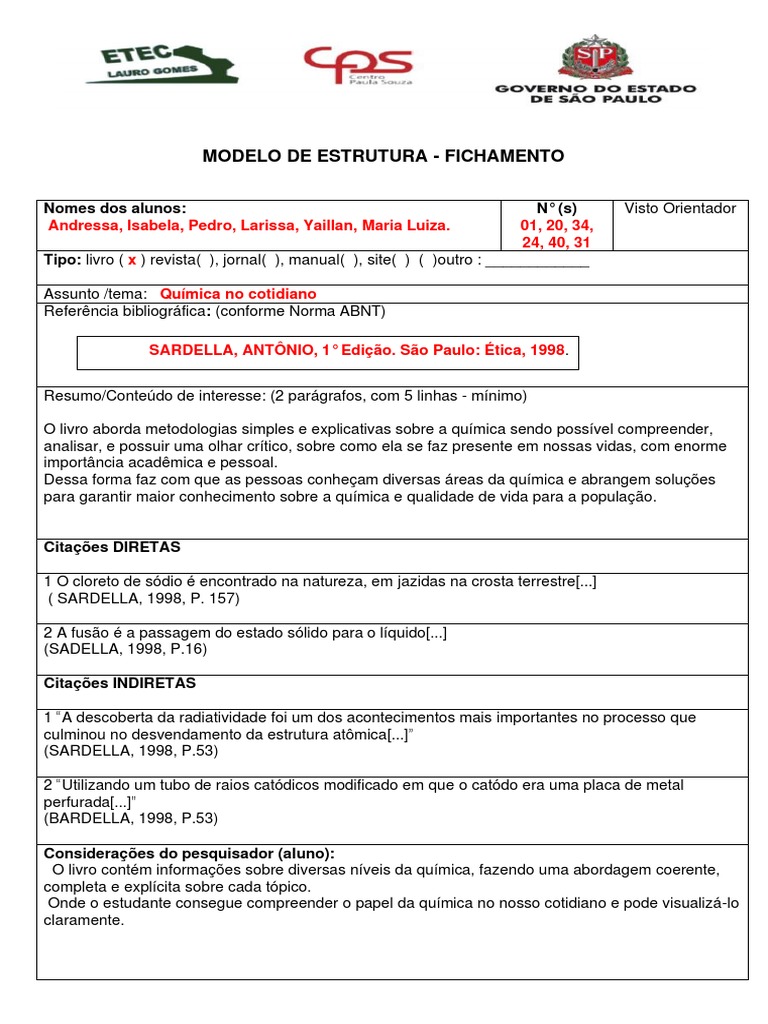 Fichamento Modelo para Preenchimento - Alunos - 1 Sem 23 | PDF