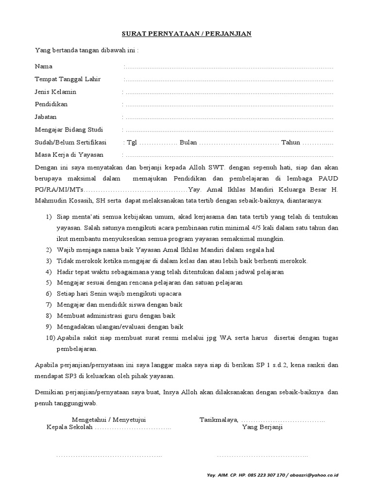 FORMAT AKAD, SURAT PERJANJIAN DAN TATA TERTIB MENGAJAR DI YAIM 2023 | PDF