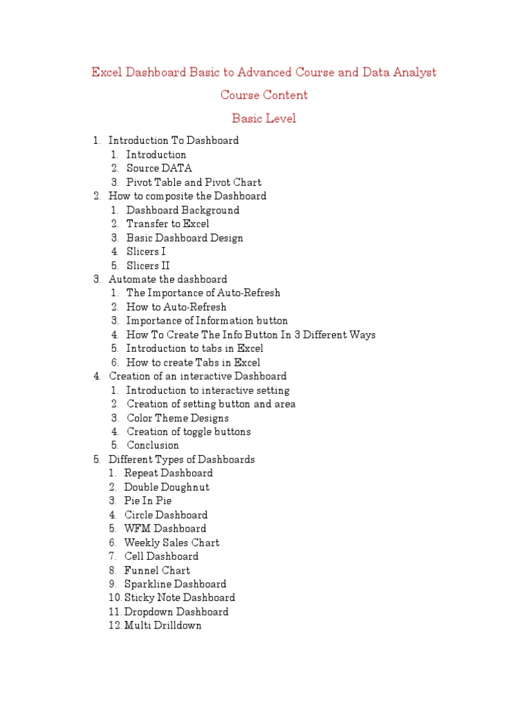 Dashboard Basic To Advanced Course | PDF | Microsoft Excel | Analytics