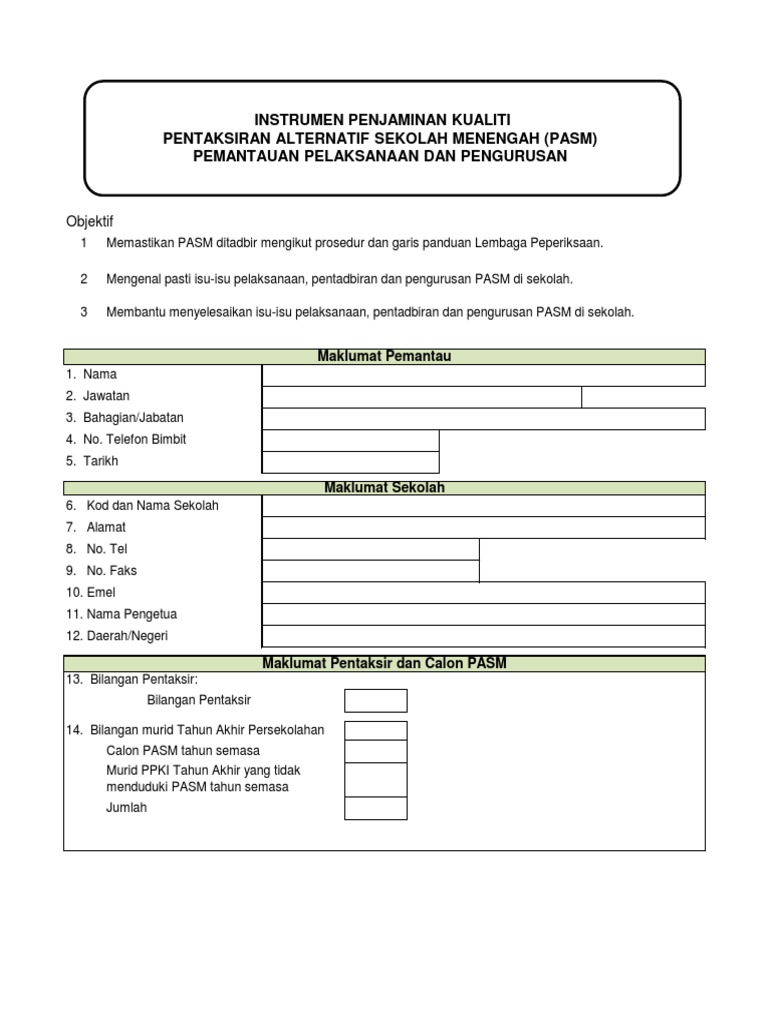 INSTRUMEN PENJAMINAN KUALITI PASM | PDF