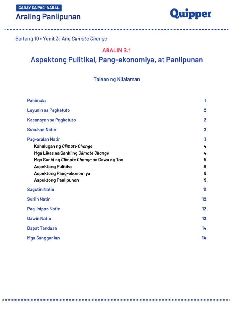ME AP 10 Q1 0301 Aspektong Pulitikal, Pang-Ekonomiya, at Panlipunan A SG | PDF