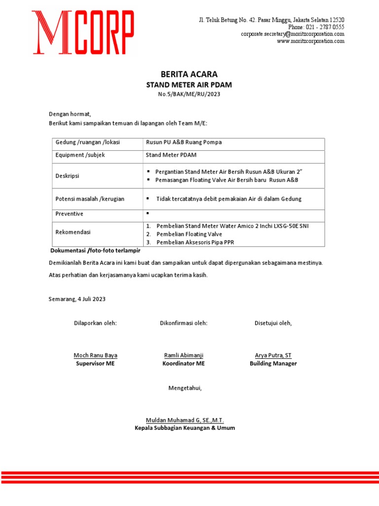 Berita Acara Stand Meter Air Bersih & Floating Valve | PDF