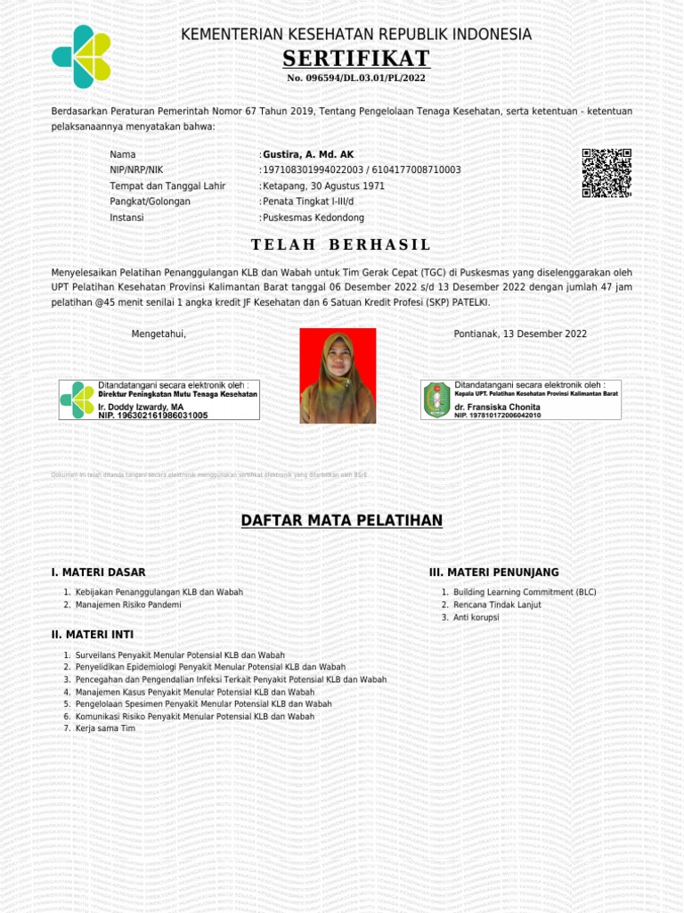 Sertifikat Pelatihan KLB Gustira | PDF