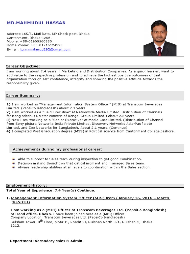 Resume of MD MAHMUDUL HASSAN Updated - 230531 - 203603 | PDF | Sales ...