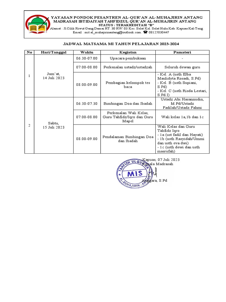 Jadwal Matsama Mi Tahun Pelajaran 2023-2024-1 | PDF