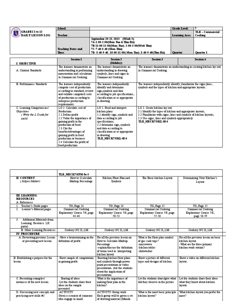 DLL in Commercial Cooking 7-Week 5 | PDF | Kitchen | Learning