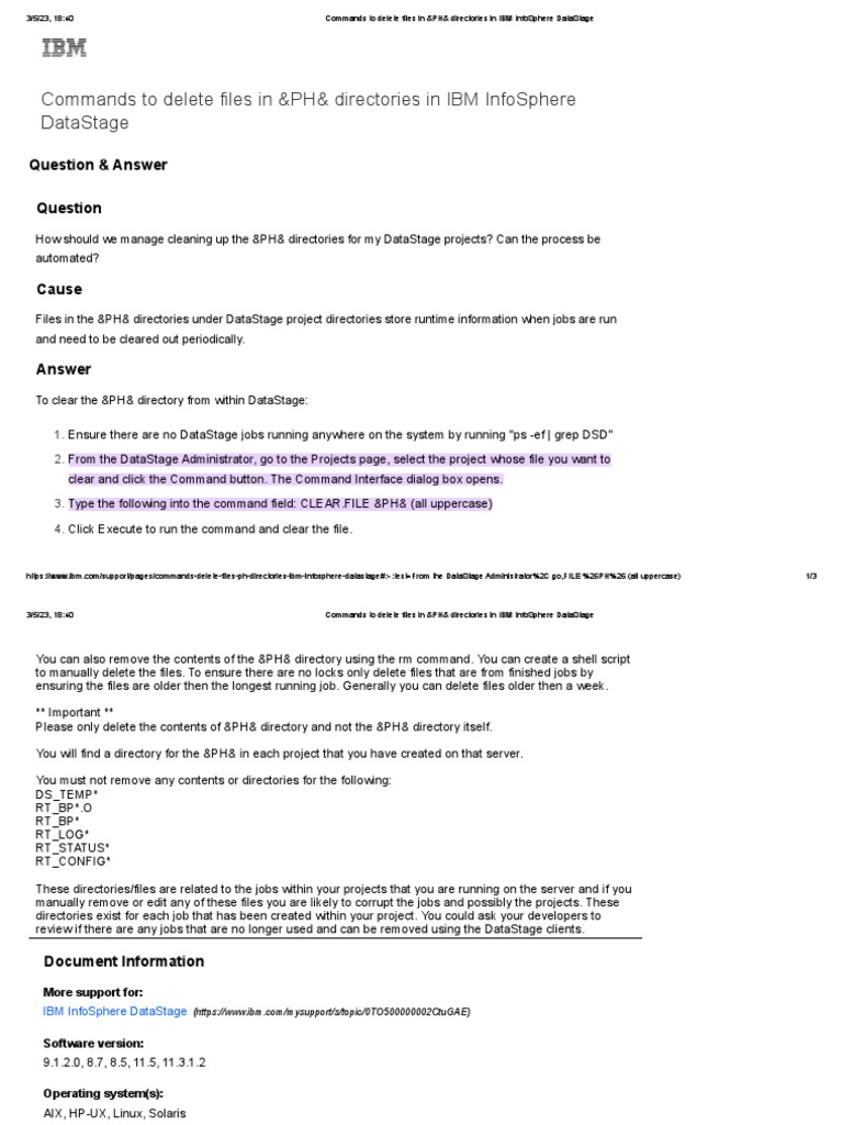 DATASTAGE - Commands To Delete Files in &PH& Directories in IBM InfoSphere DataStage | PDF ...