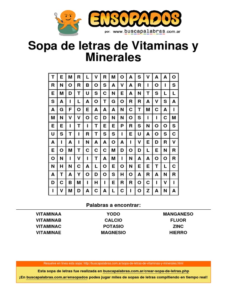 Sopa de Letras de Vitaminas y Minerales | PDF