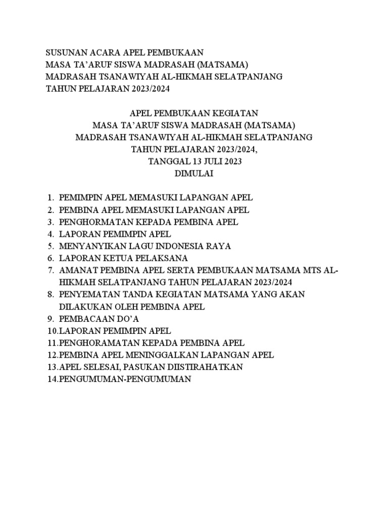 Susunan Acara Apel Pembukaan Matsama | PDF