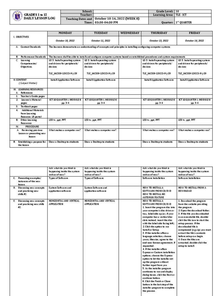 DLL - Tle Ict Css 10 - q1 - w8 | PDF | Installation (Computer Programs) | Educational Technology