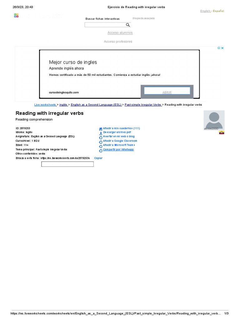 Ejercicio de Reading With Irregular Verbs | PDF | Red mundial ...