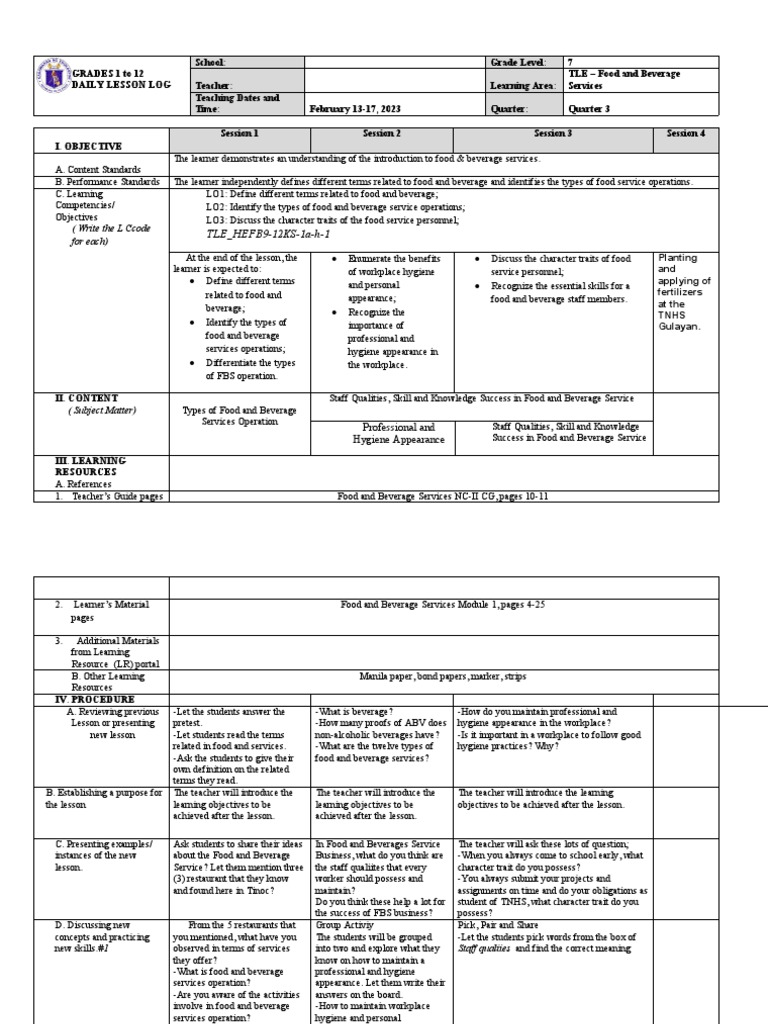 FBS 7 DLL-Week 1 | PDF | Learning | Restaurants