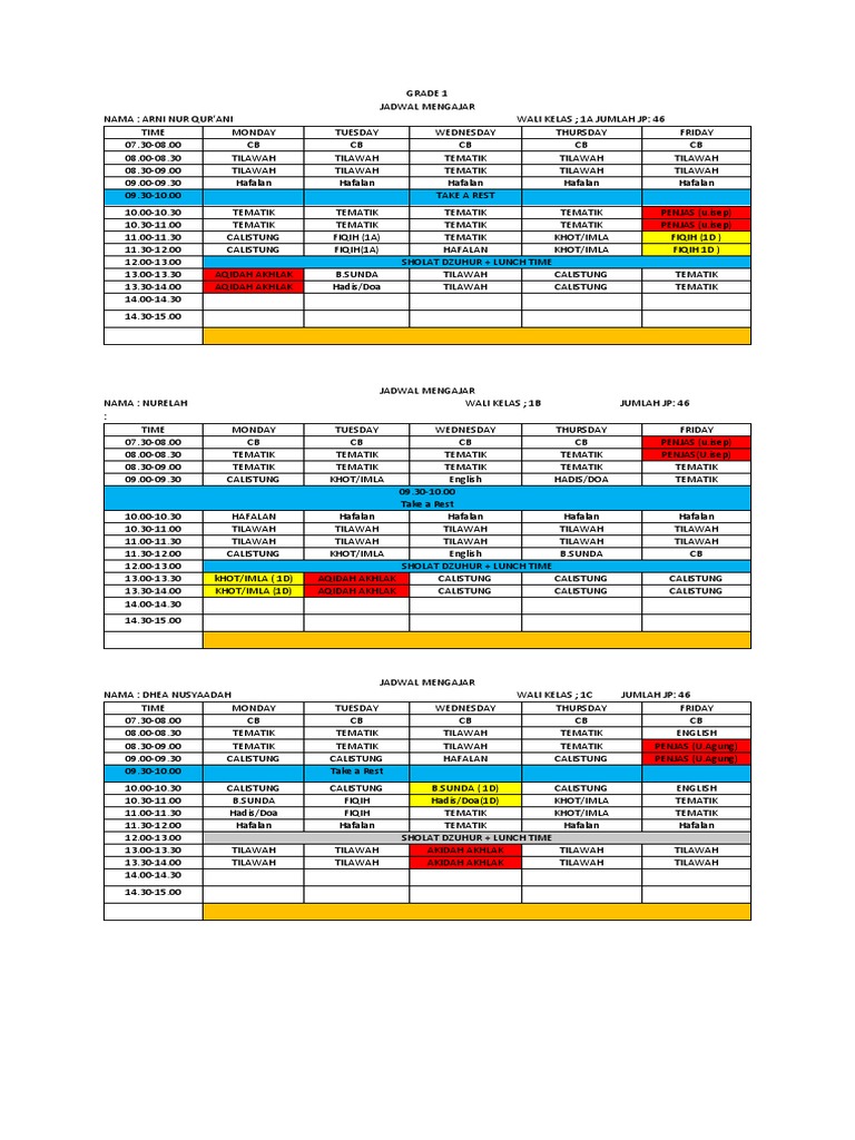 Jadwal Mengajar Grade 123 | PDF