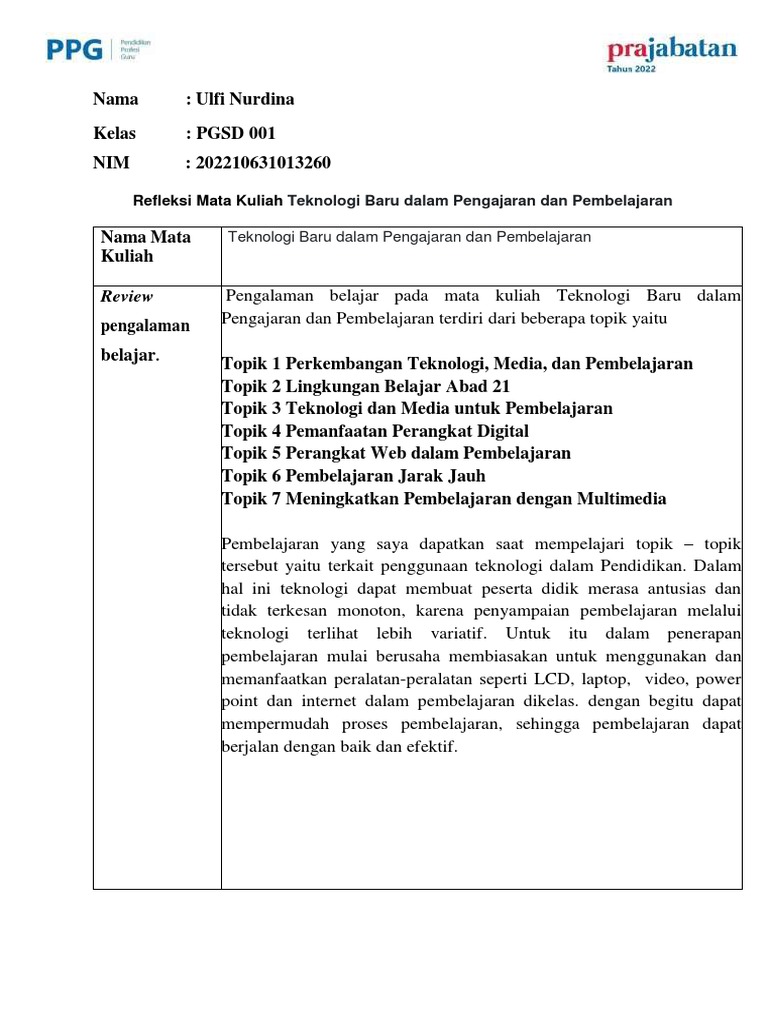 PGSD - Jurnal Refleksi Teknologi Baru Dalam Pengajaran Dan Pembelajaran | PDF