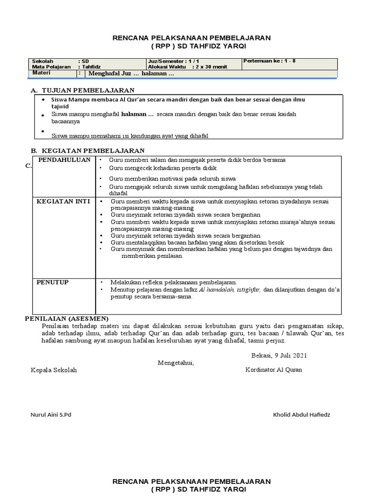 Contoh RPP Pembelajaran Tahfidz | PDF