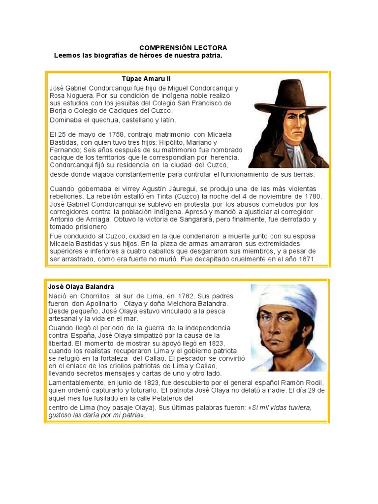 COMPRENSIÓN LECTORA Leemos Las Biografías de Héroes de Nuestra Patria ...