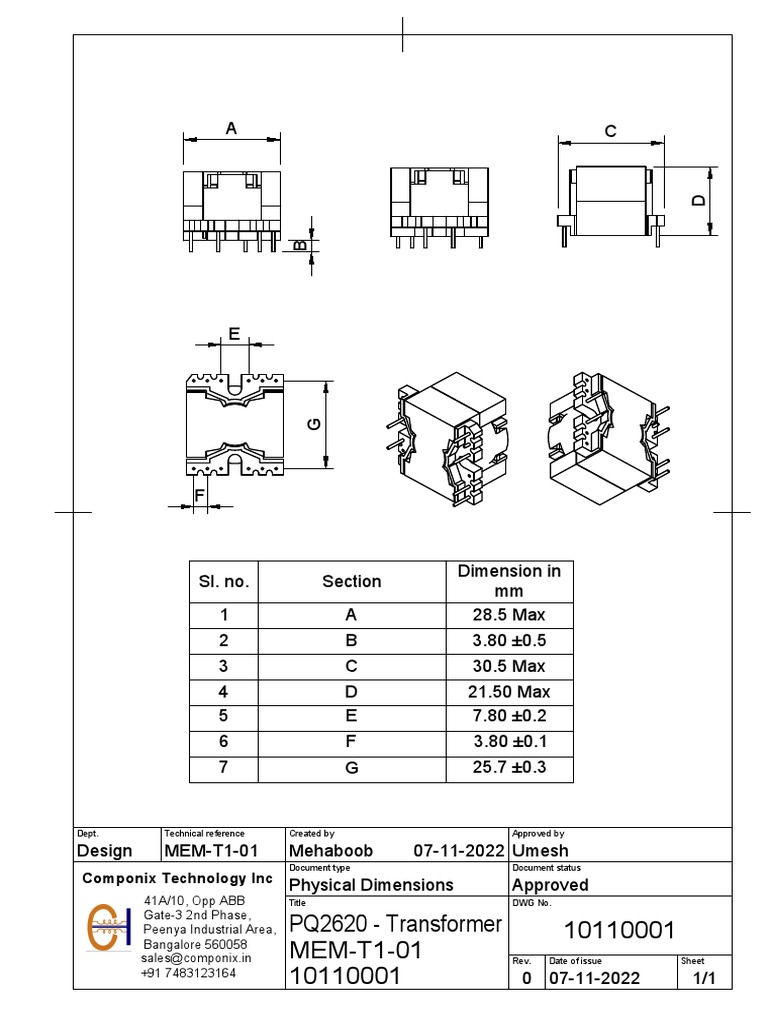 MEM-T1-01 10110001 PQ2620 - Transformer: Componix Technology Inc | PDF