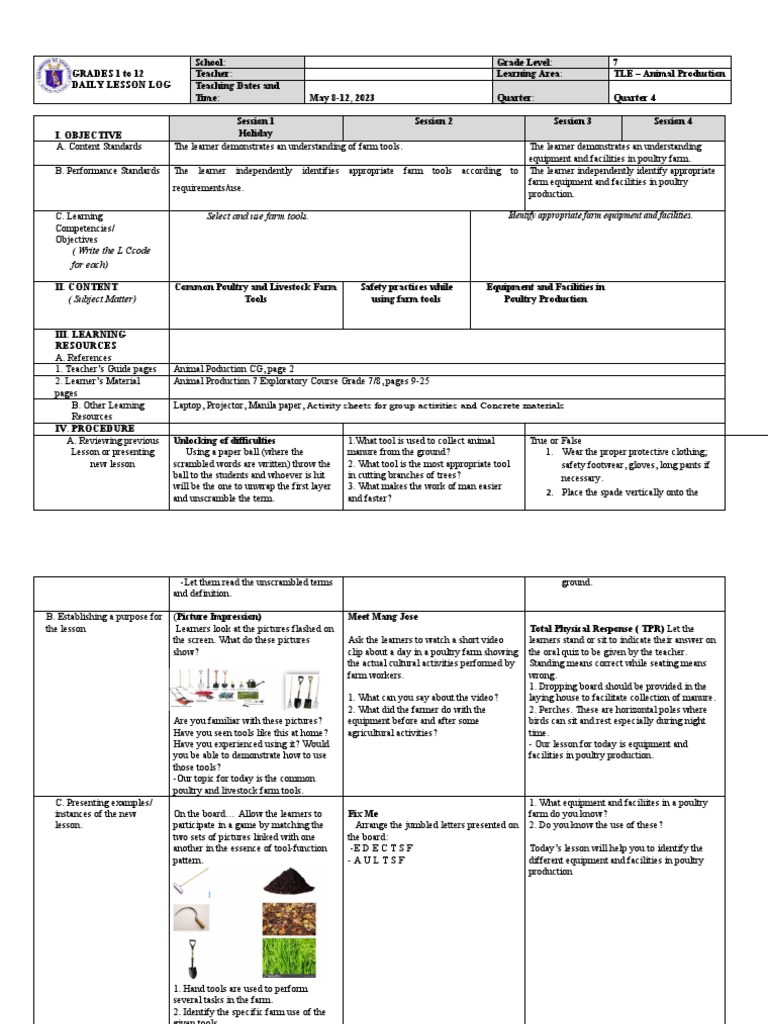Animal Production 7 Dll-Week 1 | PDF | Learning | Farms