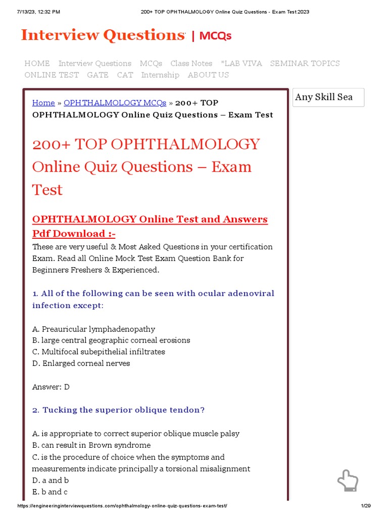 200+ Ophthalmology Quiz Questions | PDF | Glaucoma | Medical Specialties