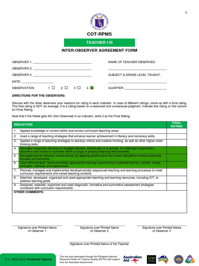 COT 4 RPMS Inter Observer Agreement Form For T I III For SY 2022 2023 | PDF | Learning | Curriculum