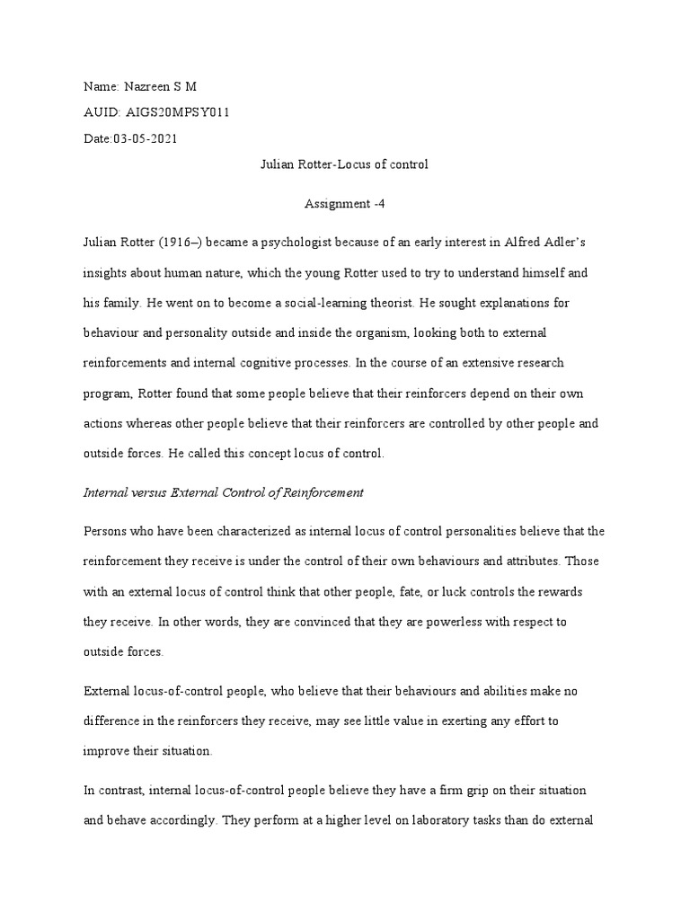 Locus of Control: Internal vs External | PDF | Cognitive Psychology ...