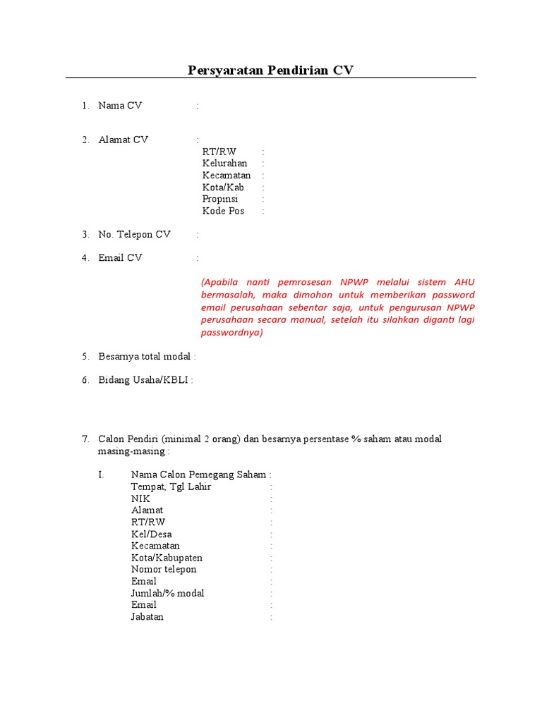 Form Pendirian CV | PDF