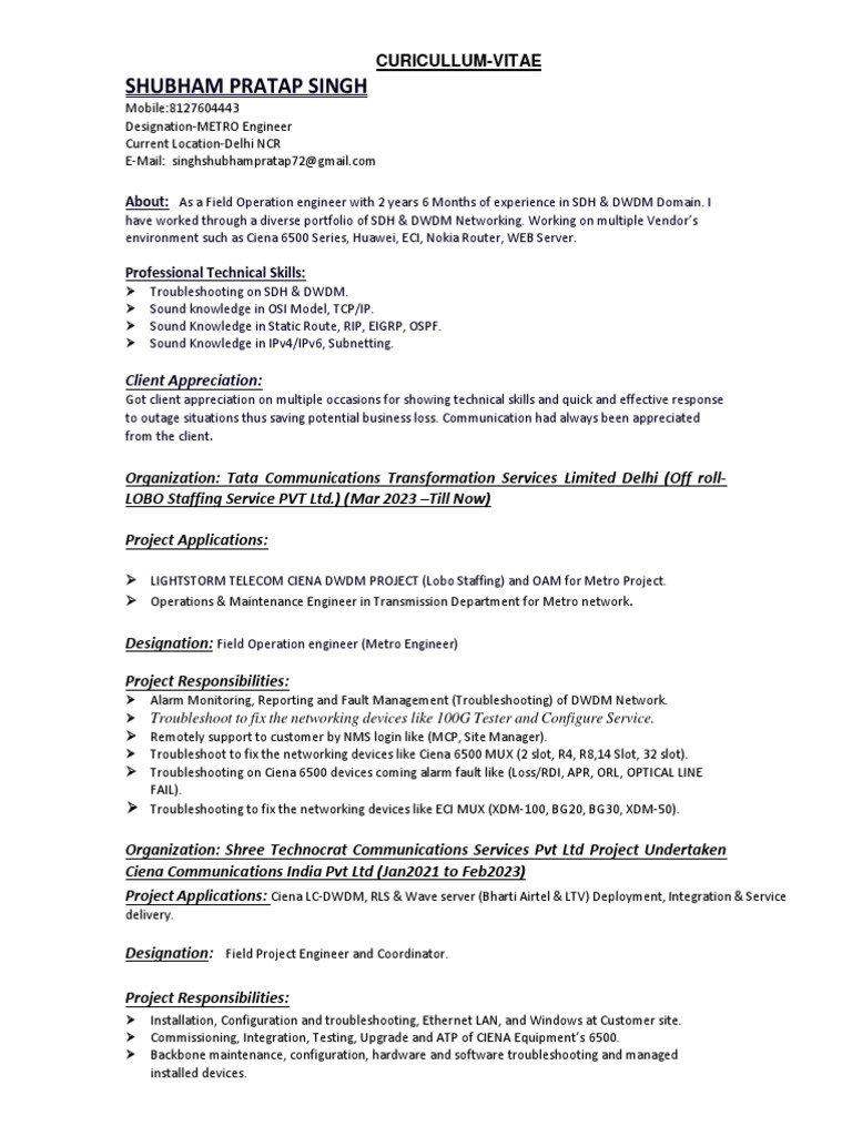 Shubham Pratap Singh C.V. | PDF | Computer Network | Computer Science