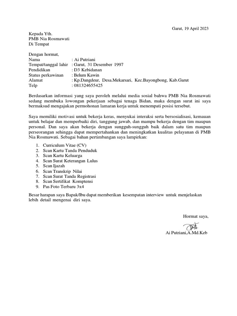 Berkas Lamaran Kerja & CV - Bidan Ai Putriani | PDF