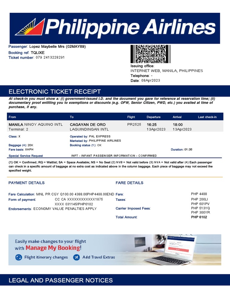 Philippine Airlines Electronic Ticket Receipt | PDF