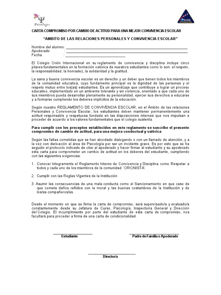 Carta Compromiso Por Cambio de Actitud para Una Mejor Convivencia Escolar | PDF | Sicología ...