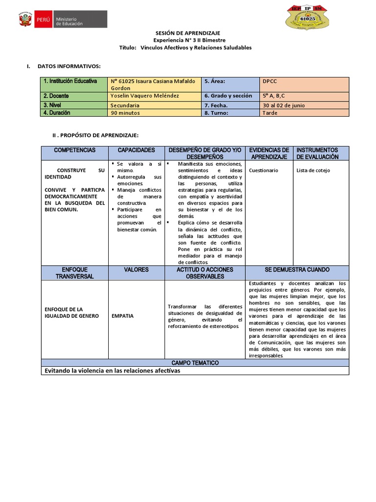 SESION DE APRENDIZAJE #5 de 5° DPCC | PDF | Evaluación | Aprendizaje